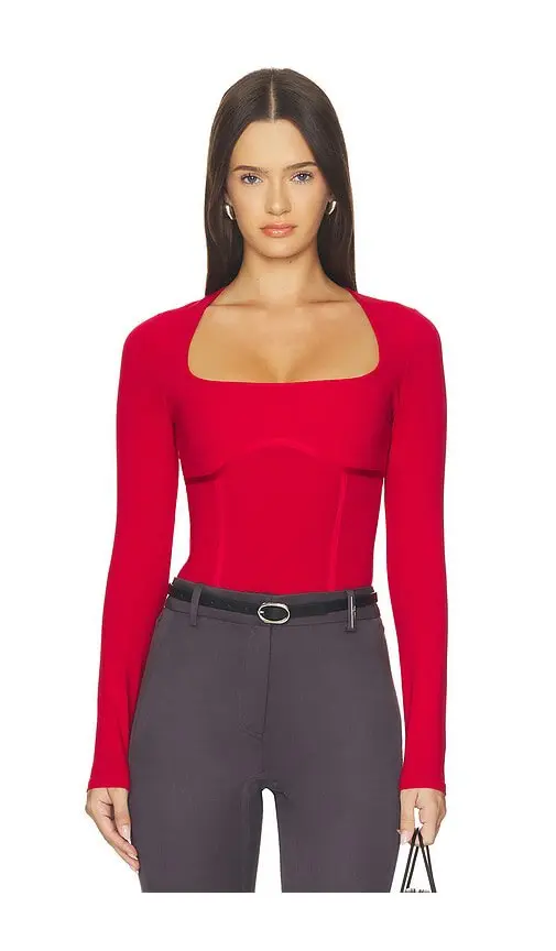 FLEUR DU MAL Organic Cotton Scoop Neck Long Sleeve Bodysuit In Red - Rouge
