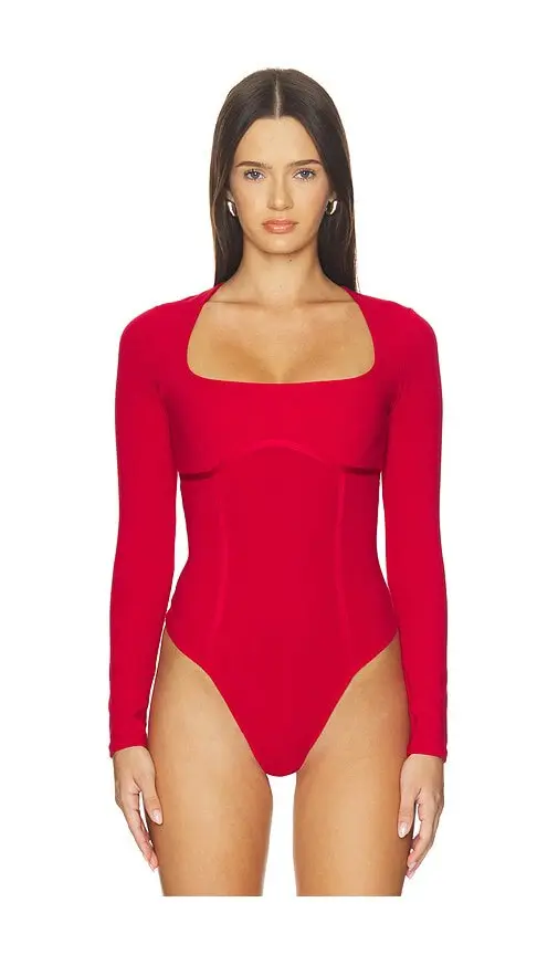 FLEUR DU MAL Organic Cotton Scoop Neck Long Sleeve Bodysuit In Red