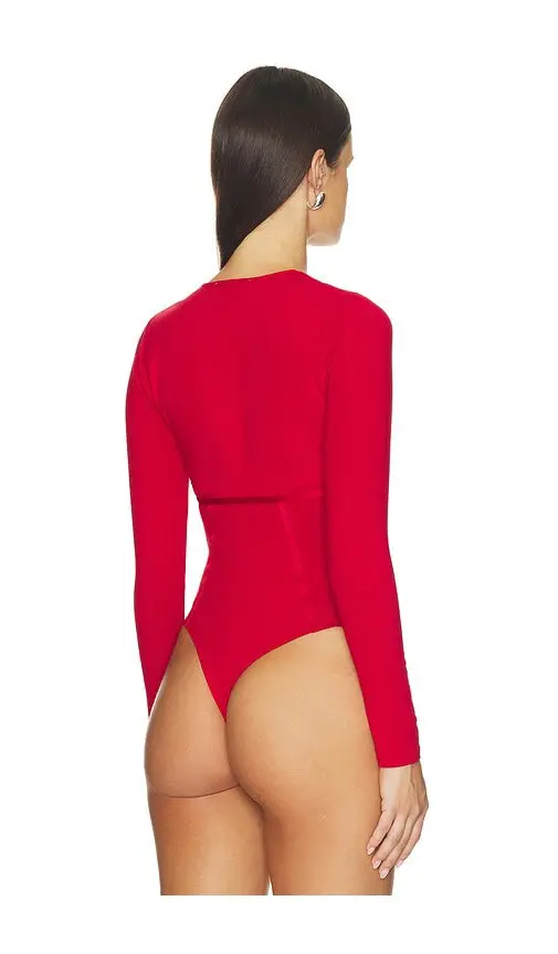 FLEUR DU MAL Organic Cotton Scoop Neck Long Sleeve Bodysuit In Red