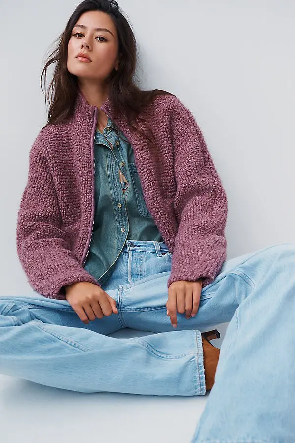 PILCRO Marlow Fleece Zip-front Sweater - Grape Shake