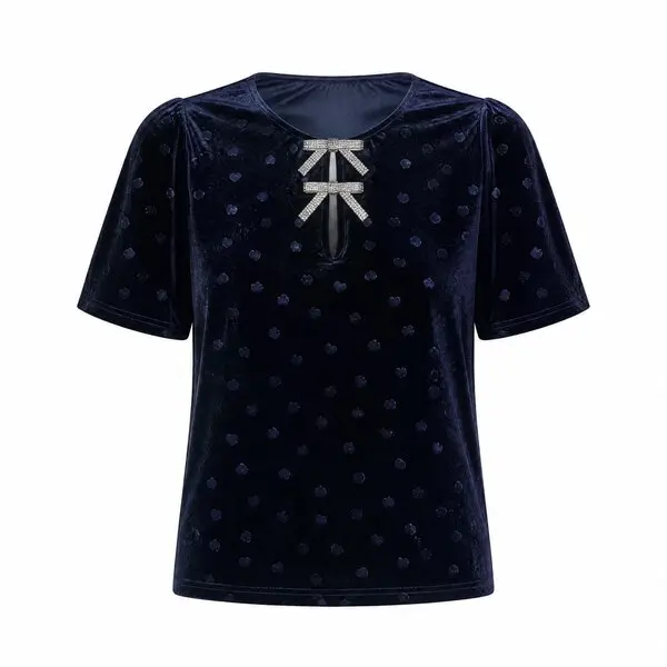 YUMI Navy Velvet Heart Top With Bow Detail