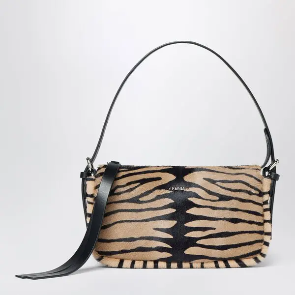 Fendi Small Zip Top Bag In Pony-effect Leather With A Tiger-print - Black