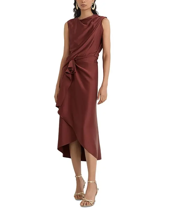 REISS Satin Gathered Waist Midi Dress