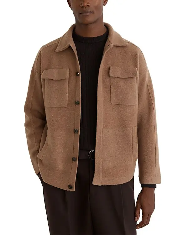 REISS Lockwood Wool Concealed Placket Overshirt - Camel