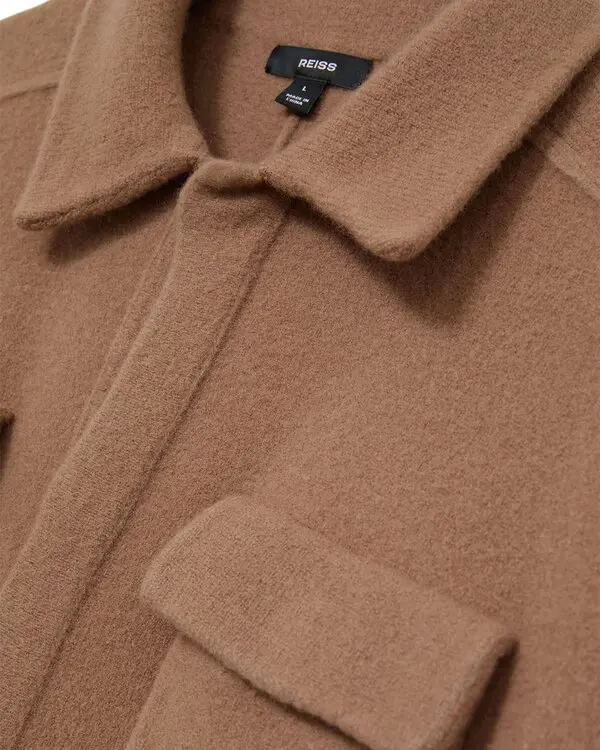 REISS Lockwood Wool Concealed Placket Overshirt - Camel