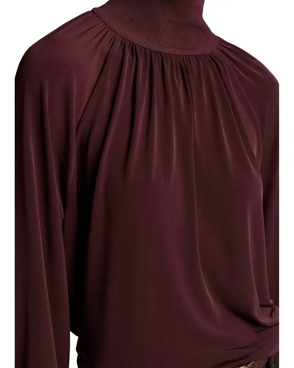 Vince Rib Trim Long Sleeve Gathered Turtleneck Top - Plum