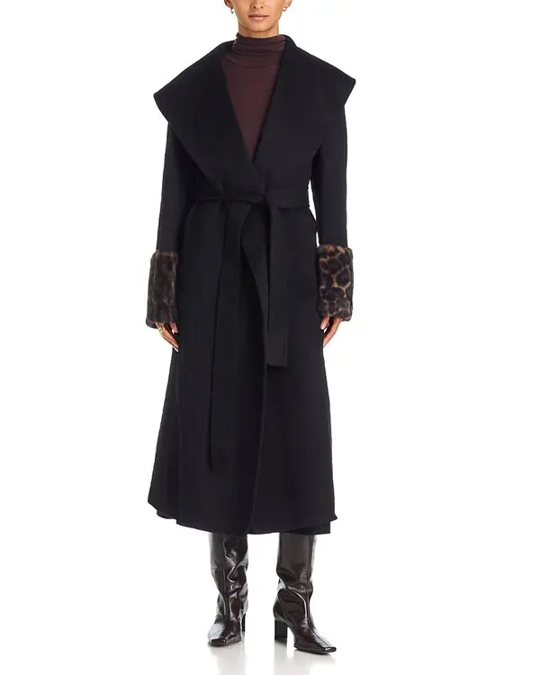 Apparis Jill Wool Faux Fur Trim Belted Long Coat
