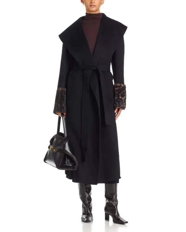 Apparis Jill Wool Faux Fur Trim Belted Long Coat