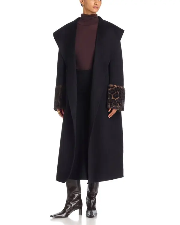 Apparis Jill Wool Faux Fur Trim Belted Long Coat