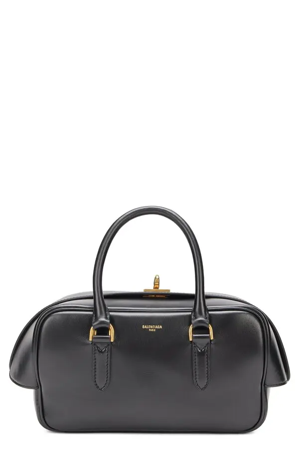 Balenciaga Small Leather Bowling Handbag With Mini Rings - Black