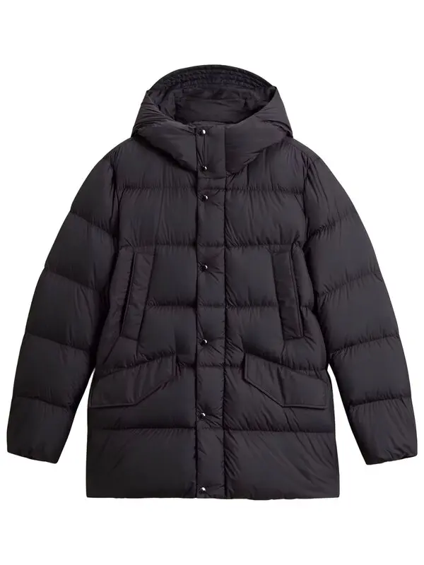 Woolrich Horizontal Quilted Hooded Puffer Coat With Turtleneck And Concealed Pockets - Nero