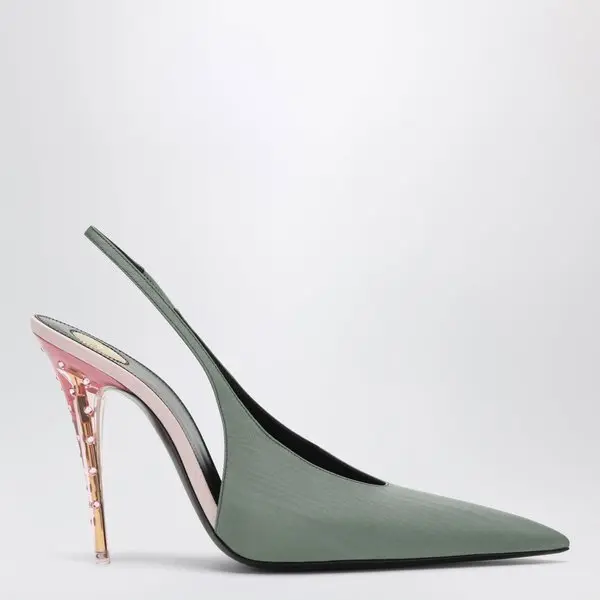 Saint Laurent Loredana Slingback Pumps In Fabric With Crystal Pvc Stiletto Heel - Green