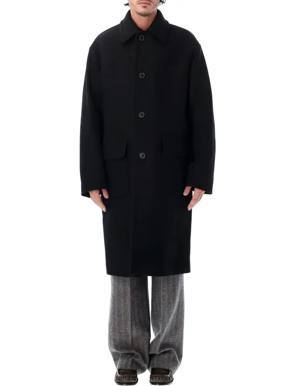 Dries Van Noten Wool-blend Long Straight Patch Pocket Jacket With Pointed Collar