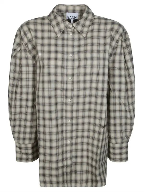 GANNI Light Check Flannel Pleated Sleeve Shirt