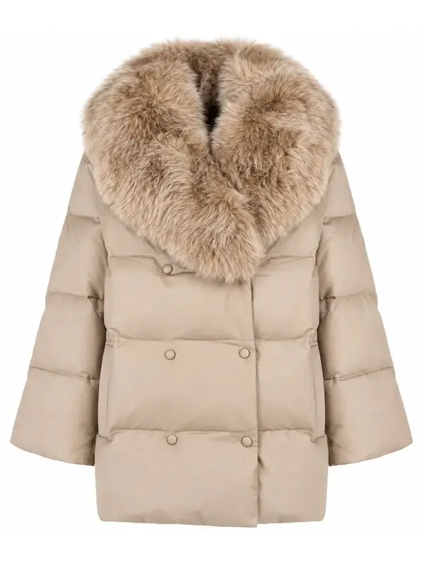 YVES SALOMON Weather-resistant Down Puffer Jacket With Detachable Fox Fur Collar And Belt - Beige