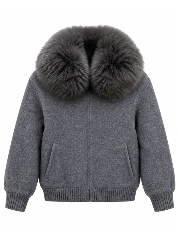 YVES SALOMON Wool Bomber Jacket With Fox Fur Trim, Welt Pockets & Ribbed Cuffs - Grey
