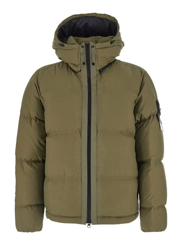 Stone Island Down Jacket With Removable Hood And Logo Sleeve Patch In Tech Fabric