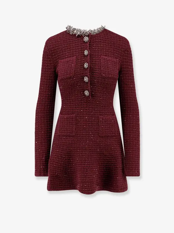 SELF-PORTRAIT Knitted Bordeaux Dress With Jewel Details - Red