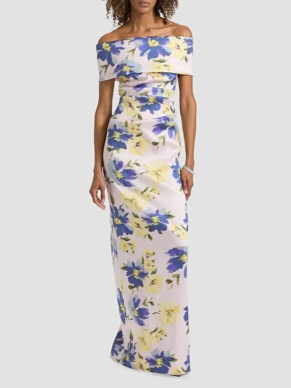 Rickie Freeman For Teri Jon Mikado Floral Cuff Bodice Ruched Gown