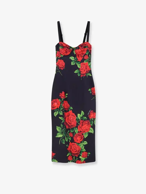 Dolce & Gabbana Stretch Silk Dress With Iconic Rose Print - Multicolor