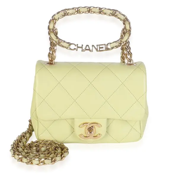 Chanel Light Quilted Lambskin Logo Chain Top Handle Square Flap Bag - Green