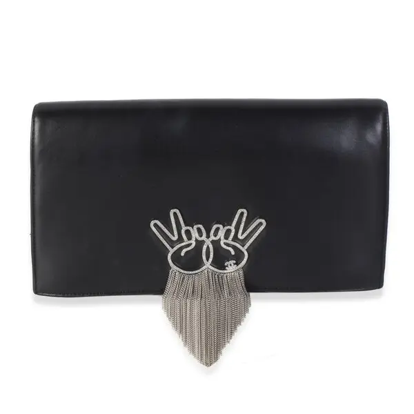 Chanel Lambskin Strass Peace Sign Fold Over Clutch - Black