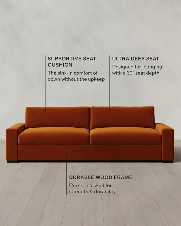 Quince Stillman Deep Seat Sofa In Performance Velvet - Rust