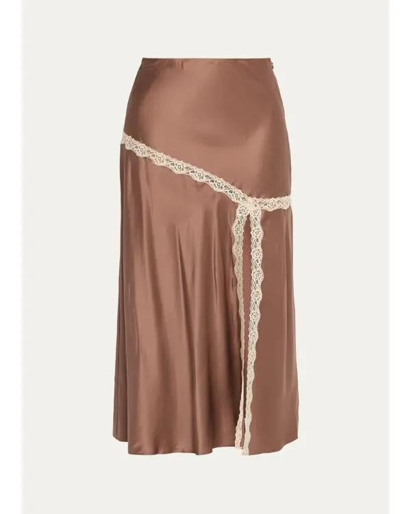 LoveShackFancy Emmabelle Lace-trim Silk Midi Skirt - Mocha