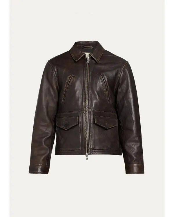 Officine Générale Vintage-effect Leather Jacket - Dark Brown