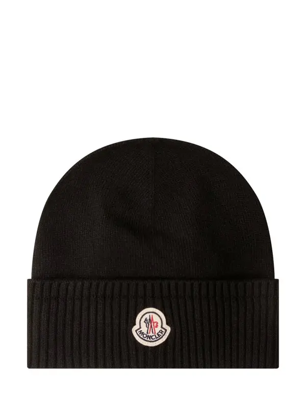 Moncler Ribbed Beanie With Fold-over Cuff And Front Logo Patch - Nero
