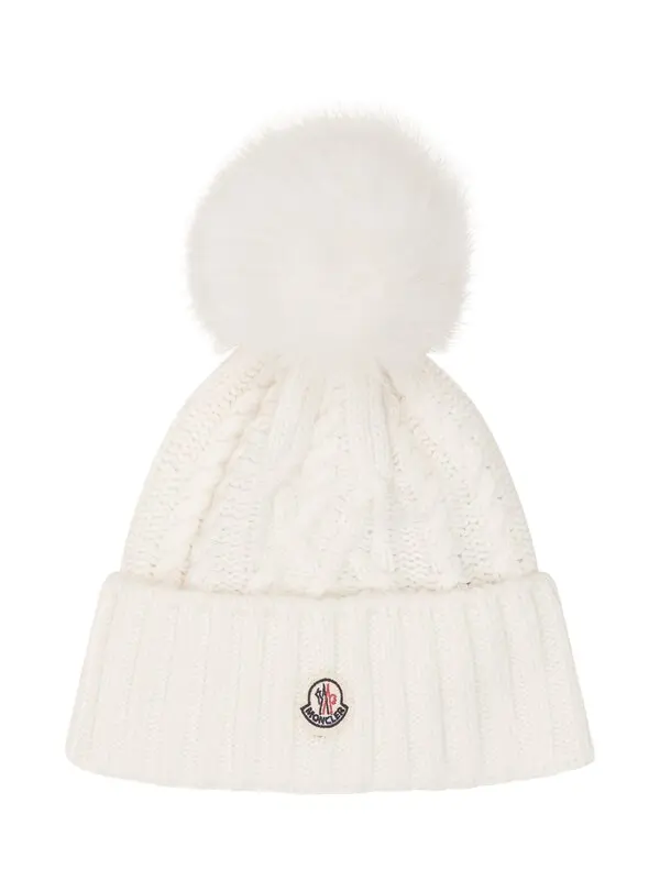 Moncler Cable Knit Beanie With Fluffy Pom-pom - Bianco