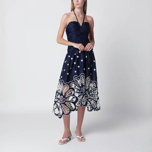 FARMRIO Navy Richelieu Embroidered Midi Dress