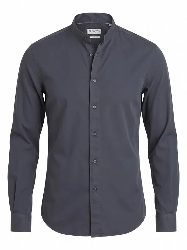 Brunello Cucinelli Garment-dyed Twill Shirt With Mandarin Collar