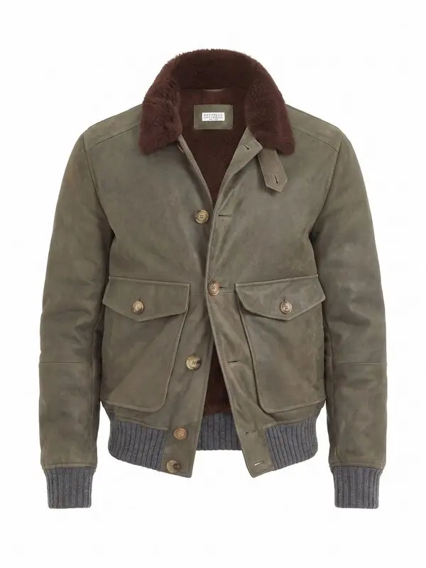 Brunello Cucinelli Waxed Shearling Bomber Jacket