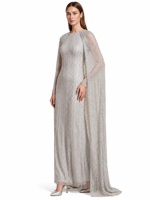 LARA NEW YORK High Neck Linear Beaded Dress With Long Cape