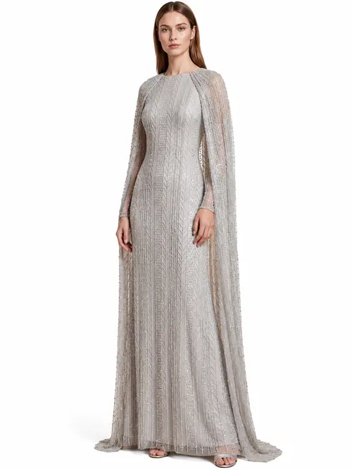 LARA NEW YORK High Neck Linear Beaded Dress With Long Cape - Silver