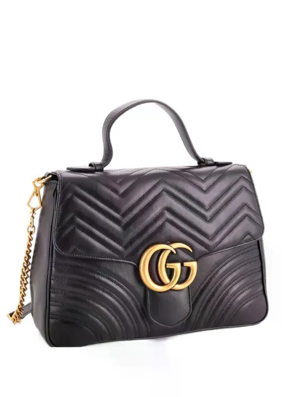 Gucci Gg Marmont Top Handle Flap Bag Matelasse Leather Medium Satchel - Black