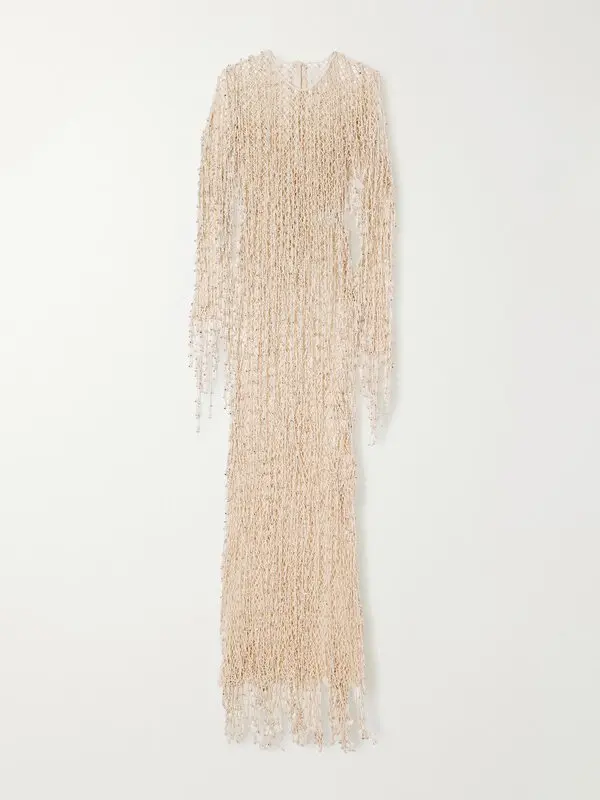 YOSHITA 1967 Belinda Fringed-embellished Cotton Crochet-knit Maxi Dress - Neutrals