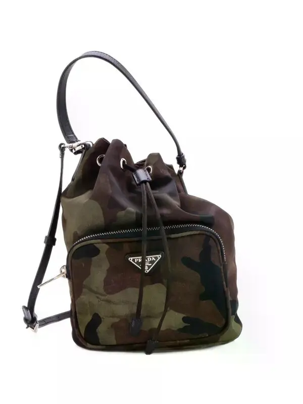 Prada Drawstring Printed Tessuto Small Bucket Bag - Green