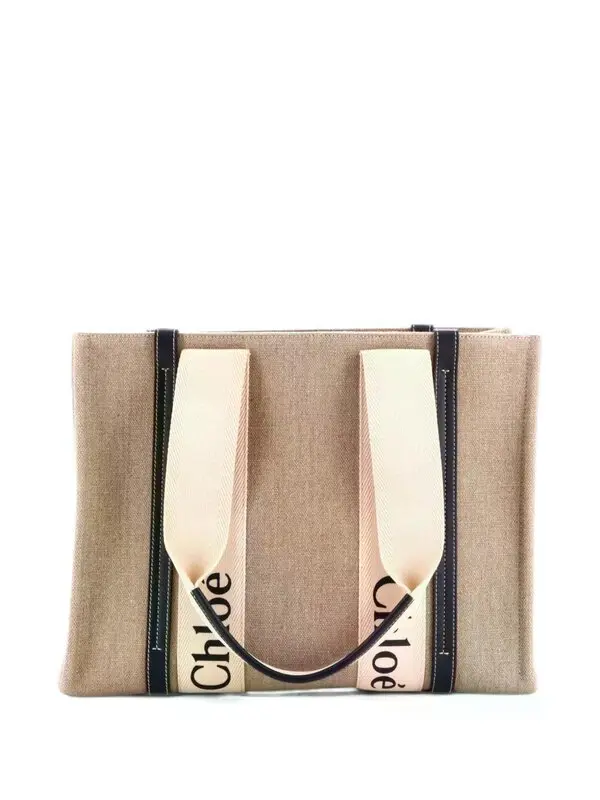 Chloé Woody Canvas With Leather Medium Tote Bag - Neutrals