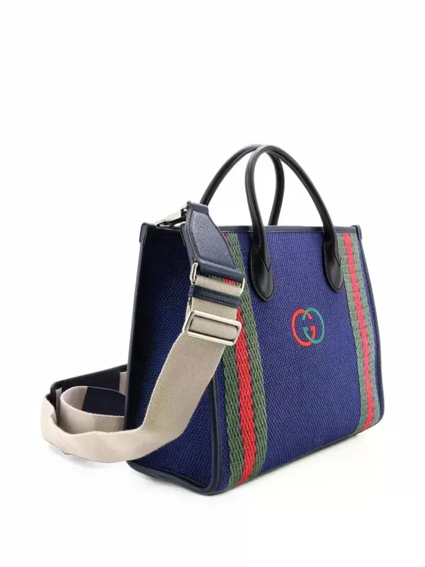 Gucci Interlocking G Web Embroidered Canvas Medium Tote Bag - Blue