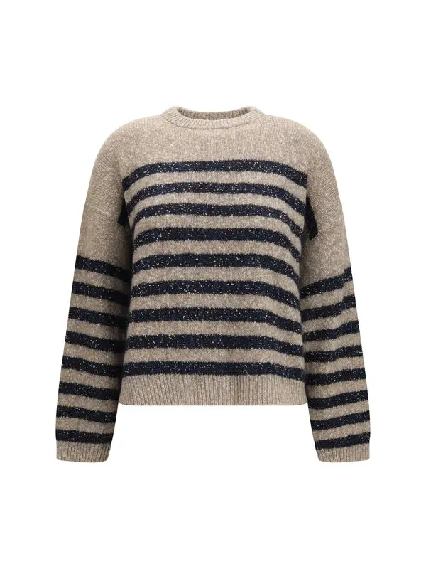 Brunello Cucinelli Cashmere And Wool Striped Sweater With Lurex - Cream