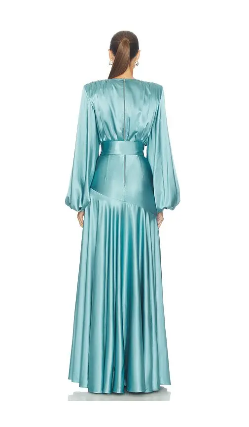 BRONX BANCO Long Sleeve V-neck Gown In Teal