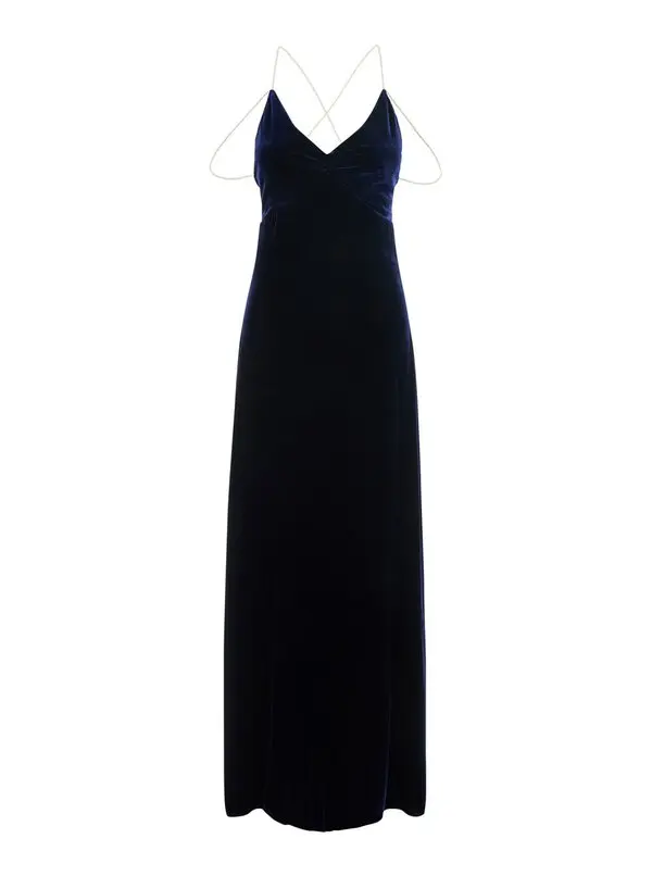FORTE_FORTE Blue V-neck Silk Velvet Long Dress With Beaded Straps