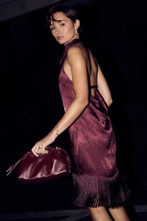 Maeve Cched Leather Clutch - Wine