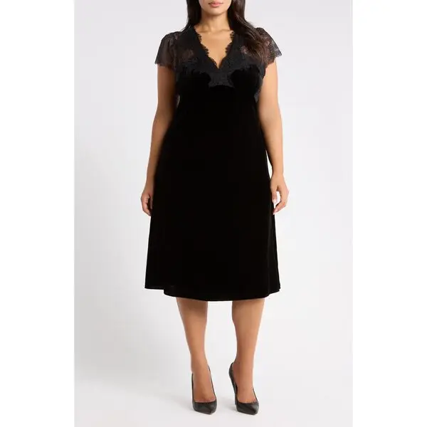 Chelsea28 Lace And Velvet Midi Dress - Black