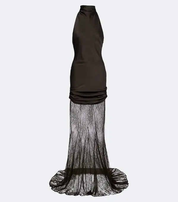 DE LA VALI Eldra Ruched Lace-trimmed Satin Maxi Dress - Brown