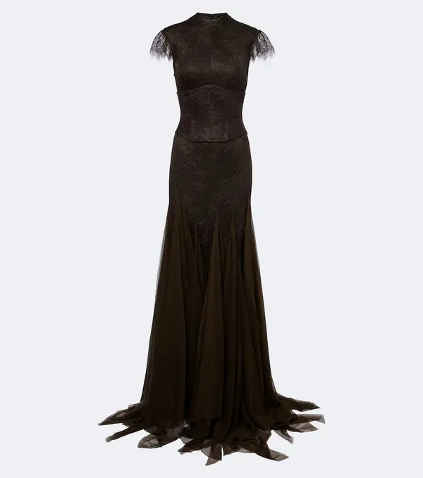 DE LA VALI Zephyra Lace And Tulle Gown - Brown