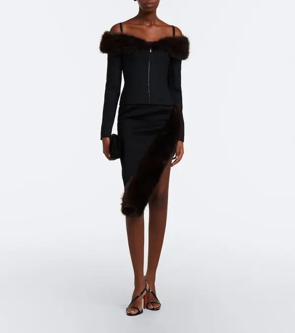 David Koma Off-shoulder Wool-blend Zip-up Top