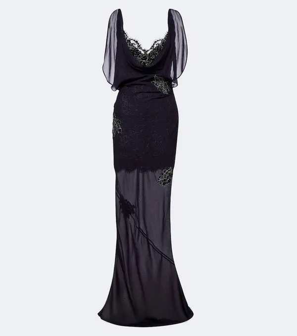 DE LA VALI Emerald Lace-trimmed Georgette Gown - Blue